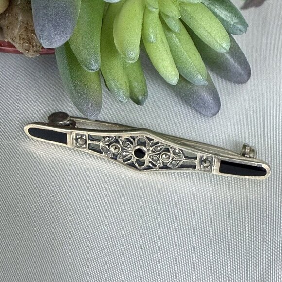 Antique | Jewelry | Antique Sterling Silver Onyx Marcasite Brooch Bar ...
